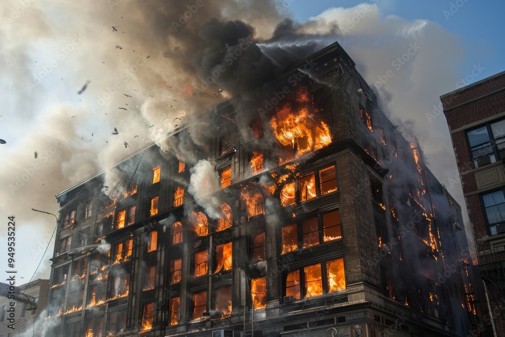 A building is ablaze, with smoke billowing out of its windows as the ...