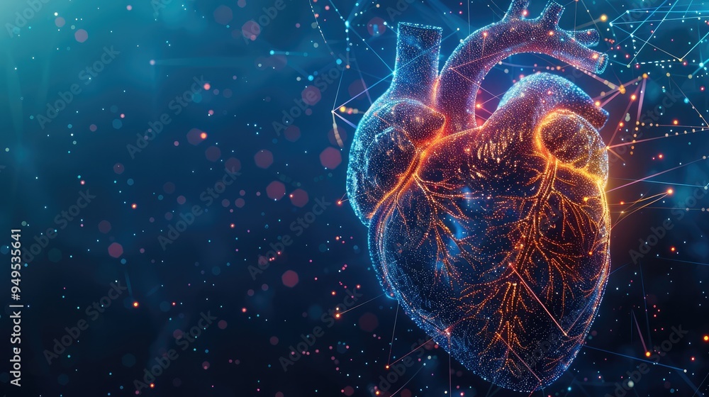 Abstract digital human heart with holographic elements on a blue ...