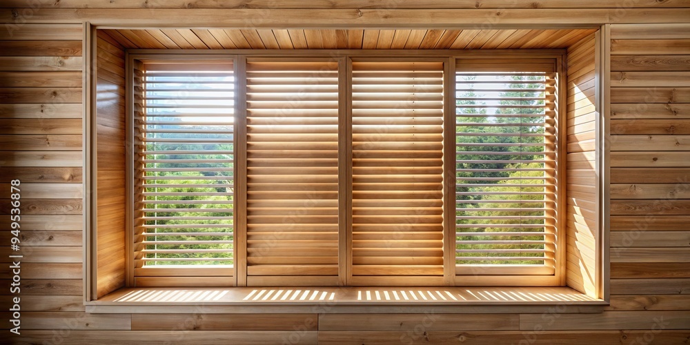 Horizontal louvered window slats filter soft morning light in a quiet ...