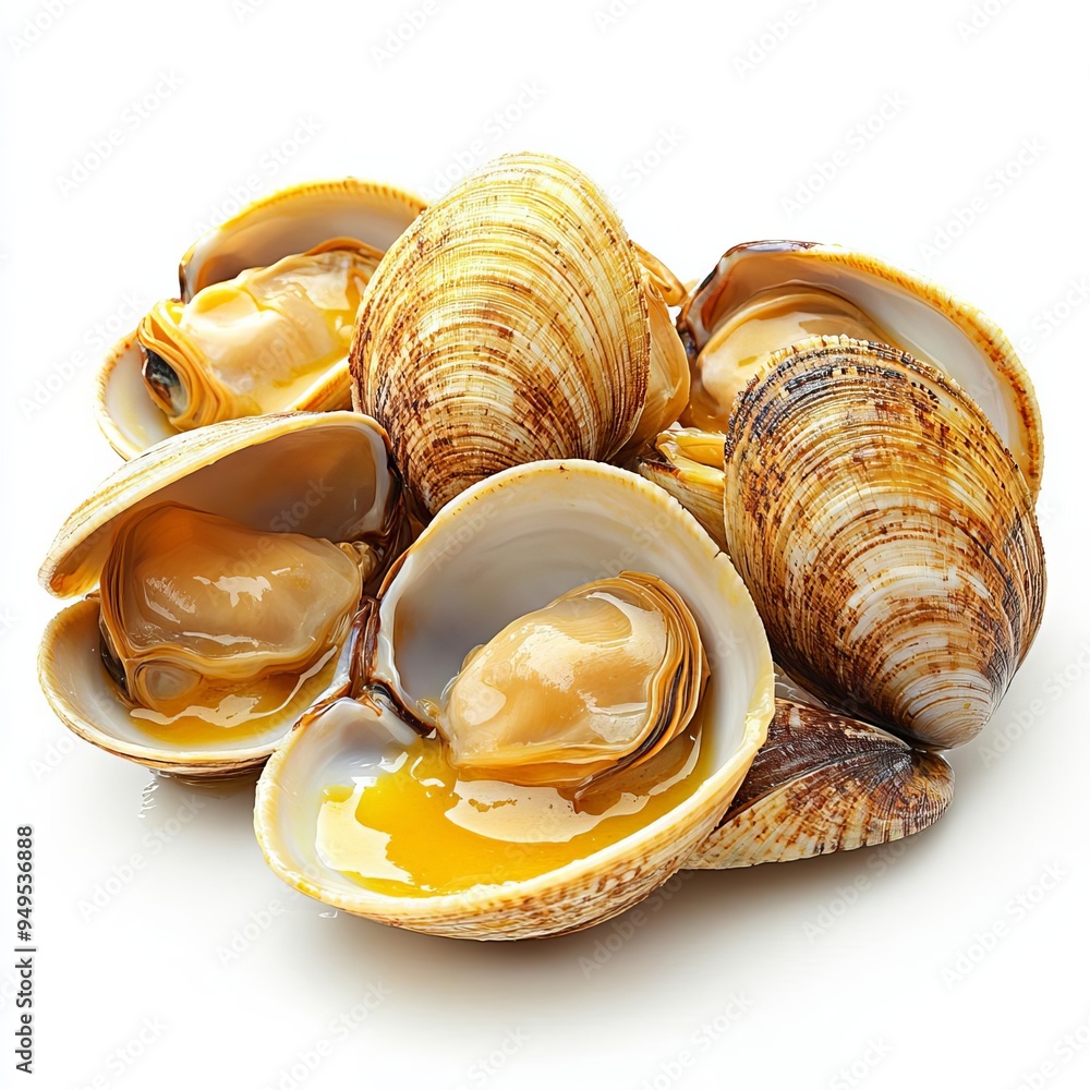 Clams with shells open, golden garlic butter sauce, isolated on white ...
