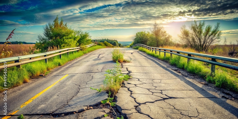 Cracked and crumbling asphalt road in desolate landscape with broken ...