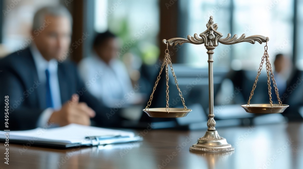 A close-up view featuring bronze justice scales placed on a desk with ...