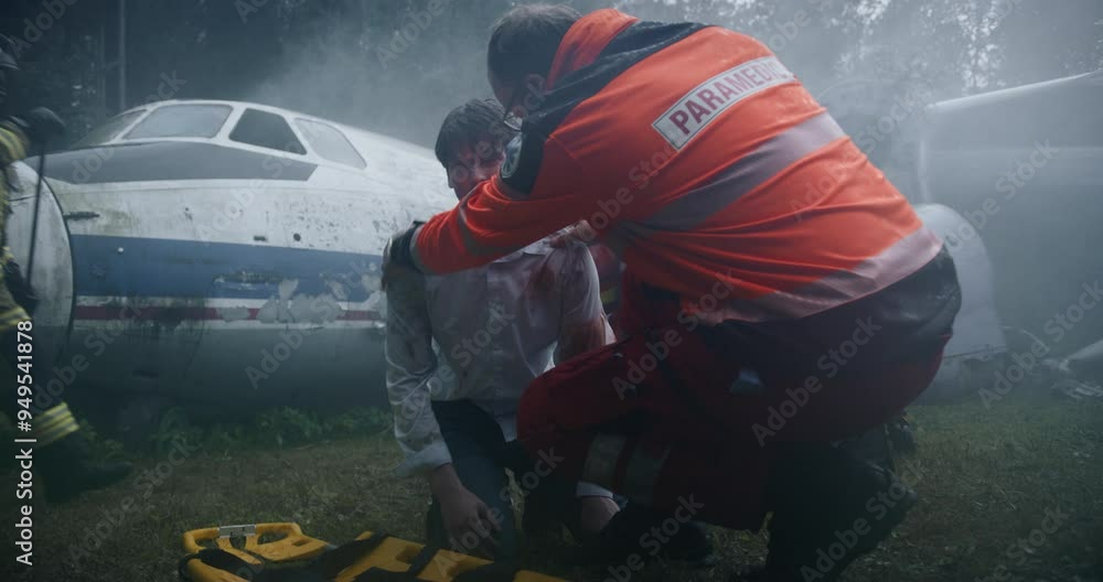 Paramedics Putting a Plane Crash Survivor on a Stretcher. Rescue Crew ...