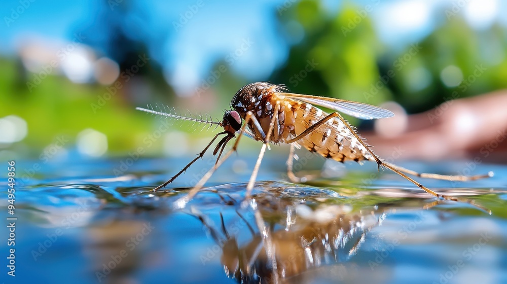 Detailed close-up of a mosquito standing on the water surface, with a ...
