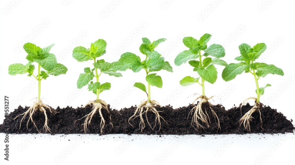 Four stages of mint plant growth, progressing from a seedling to a ...
