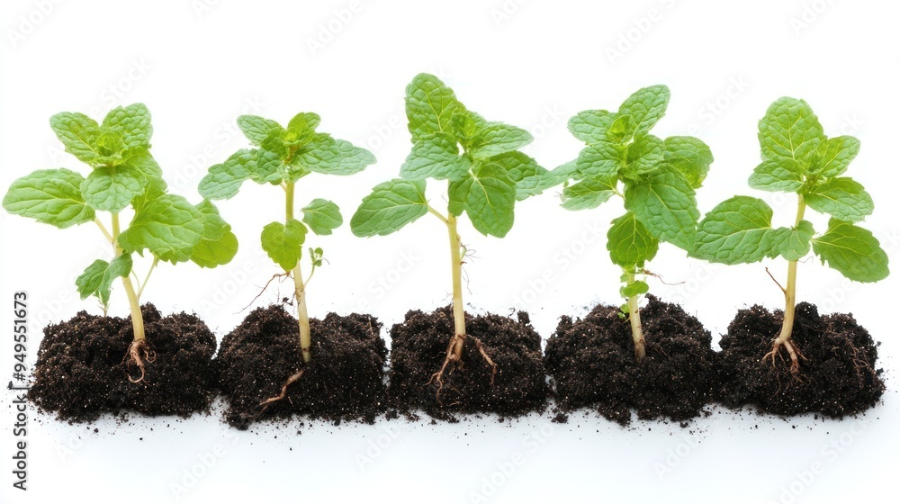Five mint plants in various stages of growth, isolated on a white ...