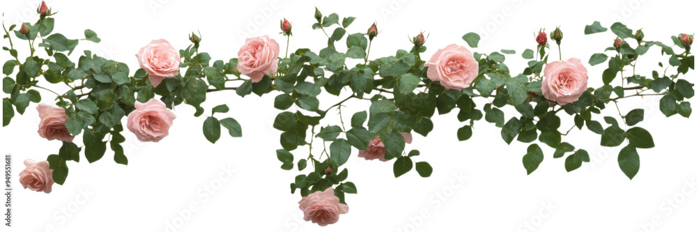 Green and pink rose vine border isolated on transparent background ...