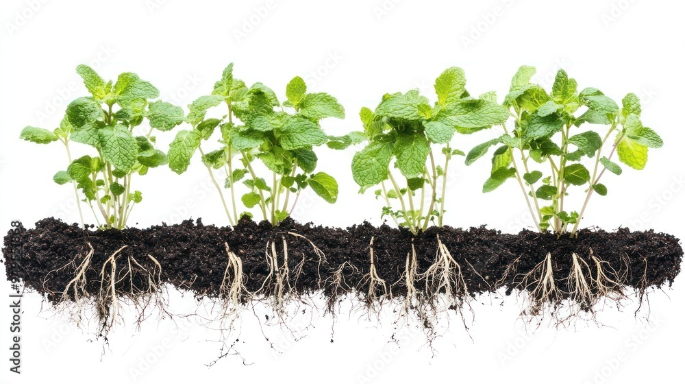 Mint plants at different growth stages exhibiting leaves and roots ...