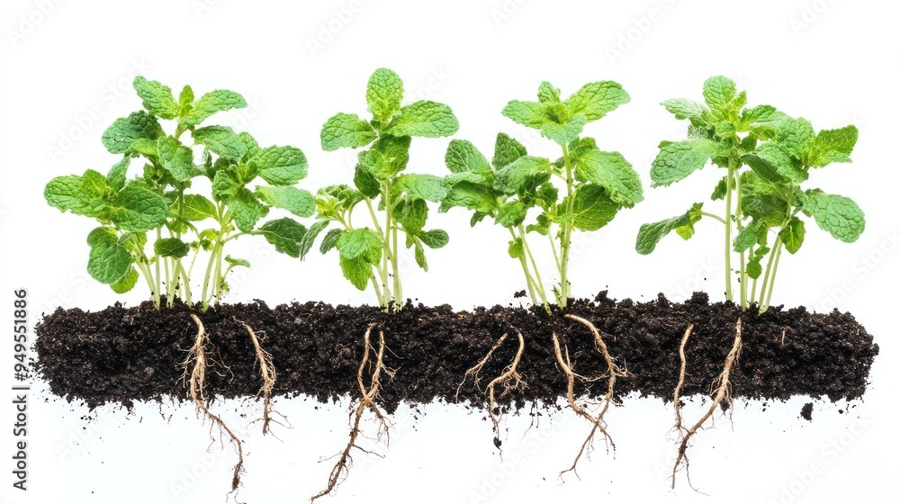 The image shows a sequence of mint plants at various growth stages with ...