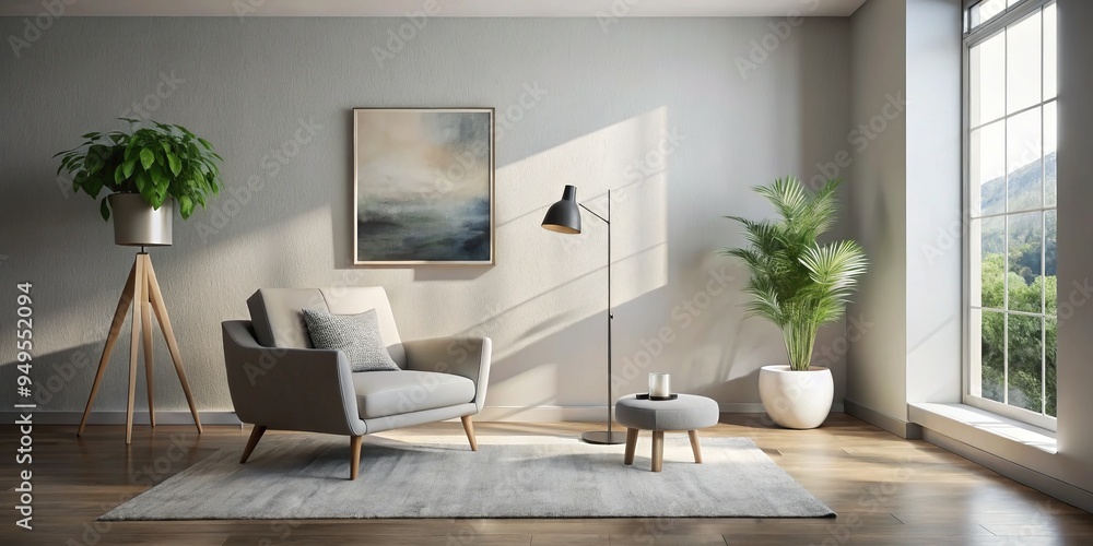 Minimalist whitespace corner room with sleek floor lamp, monochromatic ...