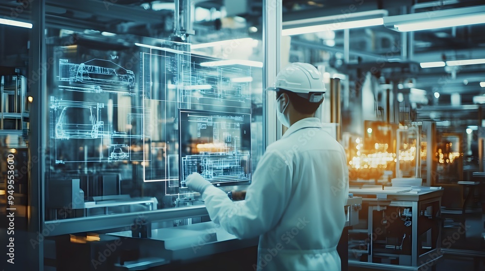 Photograph of a factory worker using IoT connected devices to monitor ...