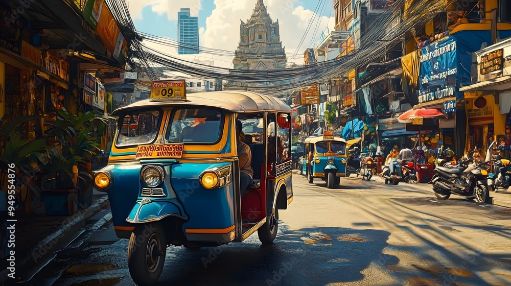 Tuk-Tuk Ride: A bustling street scene in Bangkok with colorful tuk-tuks and lively street life ...