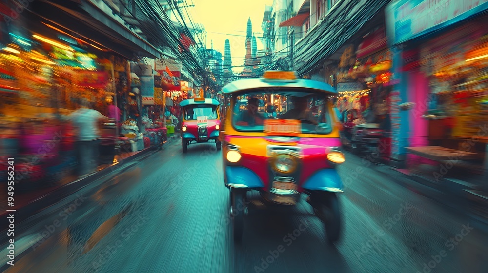 Tuk-Tuk Ride: A bustling street scene in Bangkok with colorful tuk-tuks ...