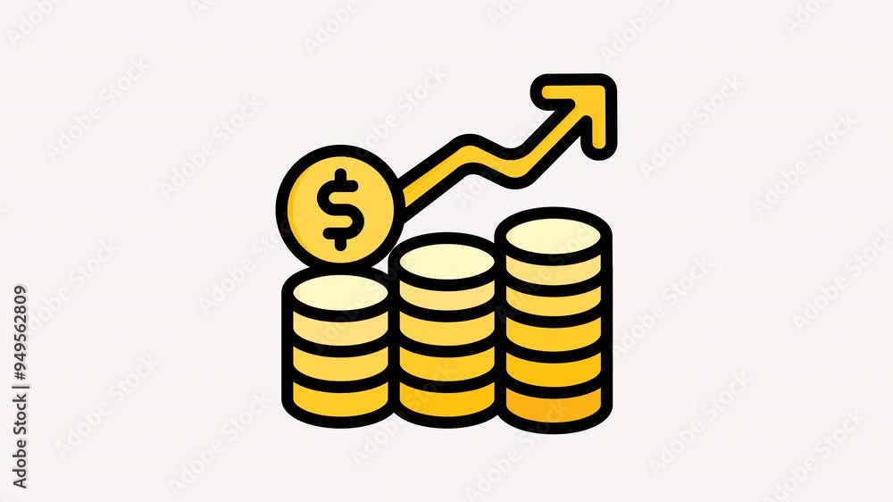 Animated gold coins with arrow increasing in value, ideal for financial ...