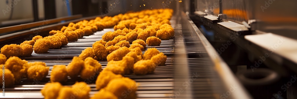 A conveyor belt system where nuggets pass through a breading machine ...