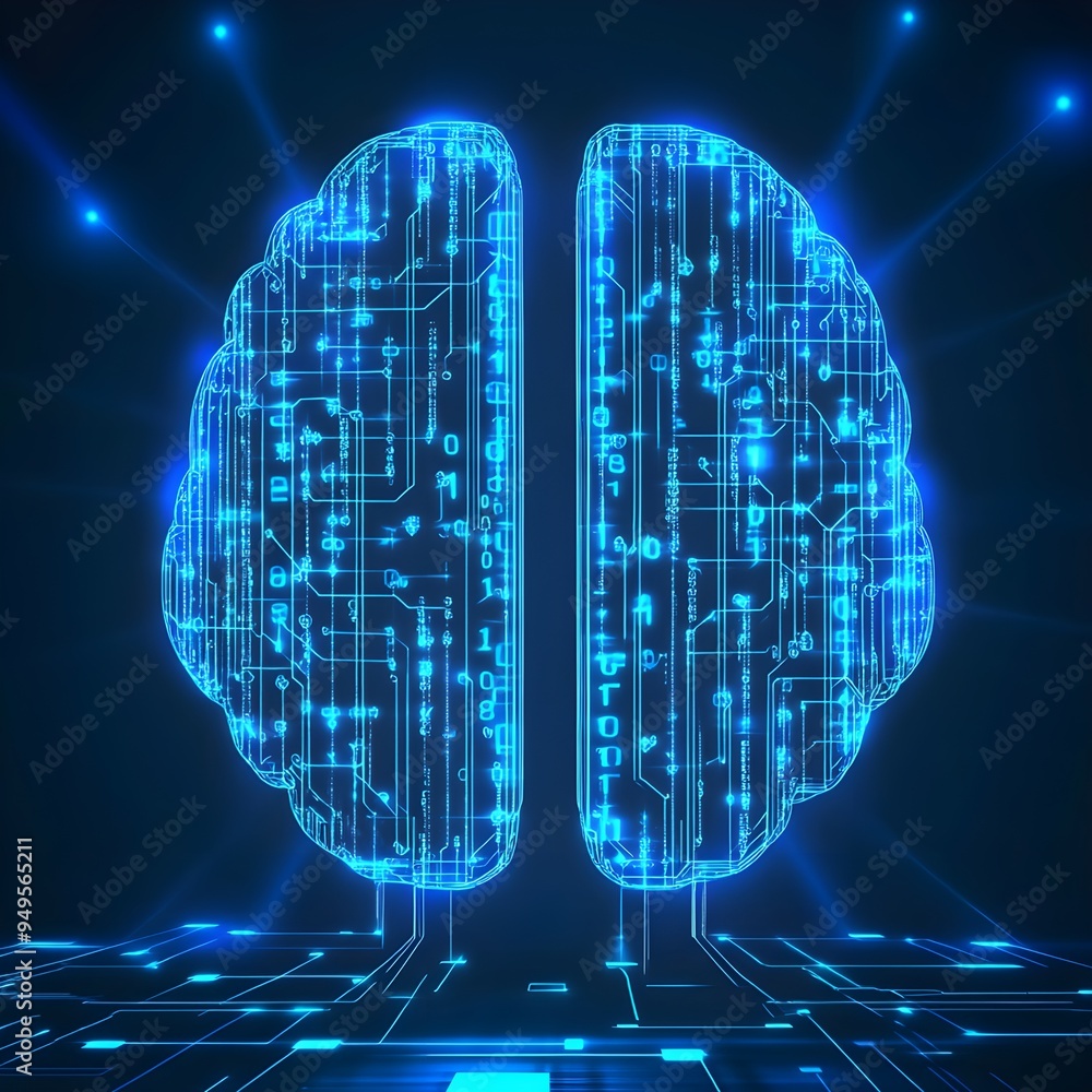 A digital brain made of blue circuit lines and binary code, with two ...