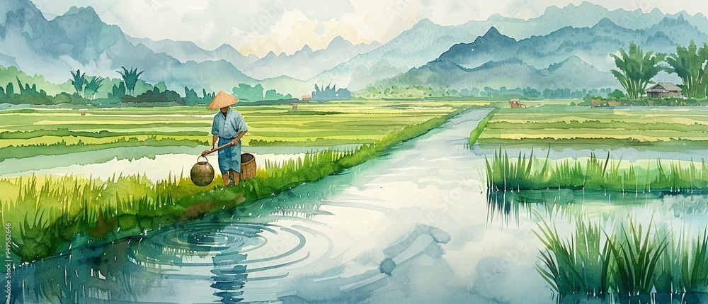 Peasants collecting water in a paddy field, water collection paddy ...