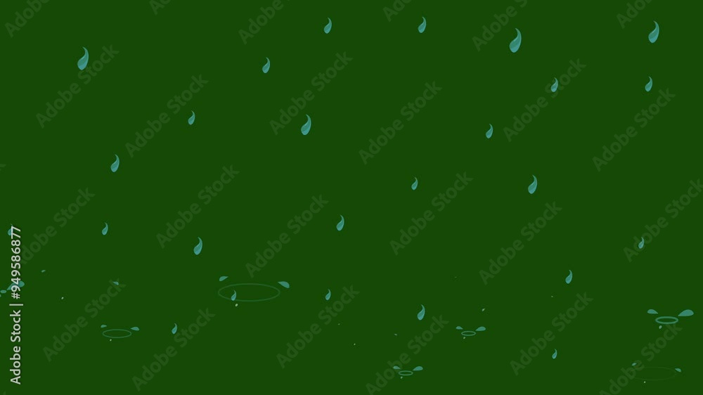 Cartoon rain animation with water drops and ripples on a green screen ...