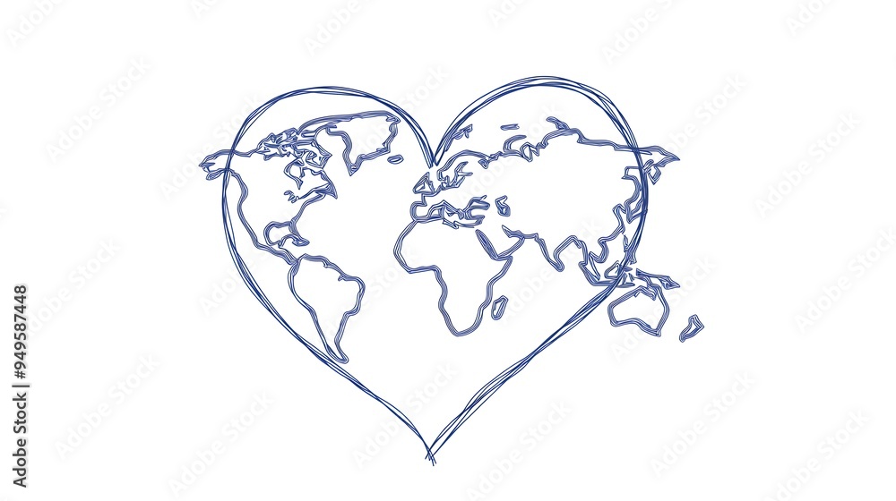 Earth globe continuous line drawing of the heart shape. Love world map ...