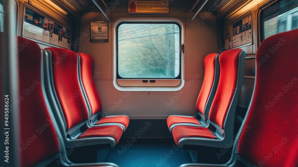 Empty train seats with red upholstery. The window offers a view of the ...
