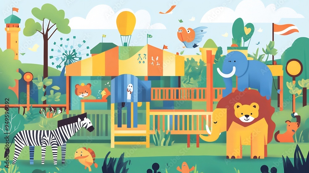 Playful vector of a zoo with animals like elephants lions and zebras in ...