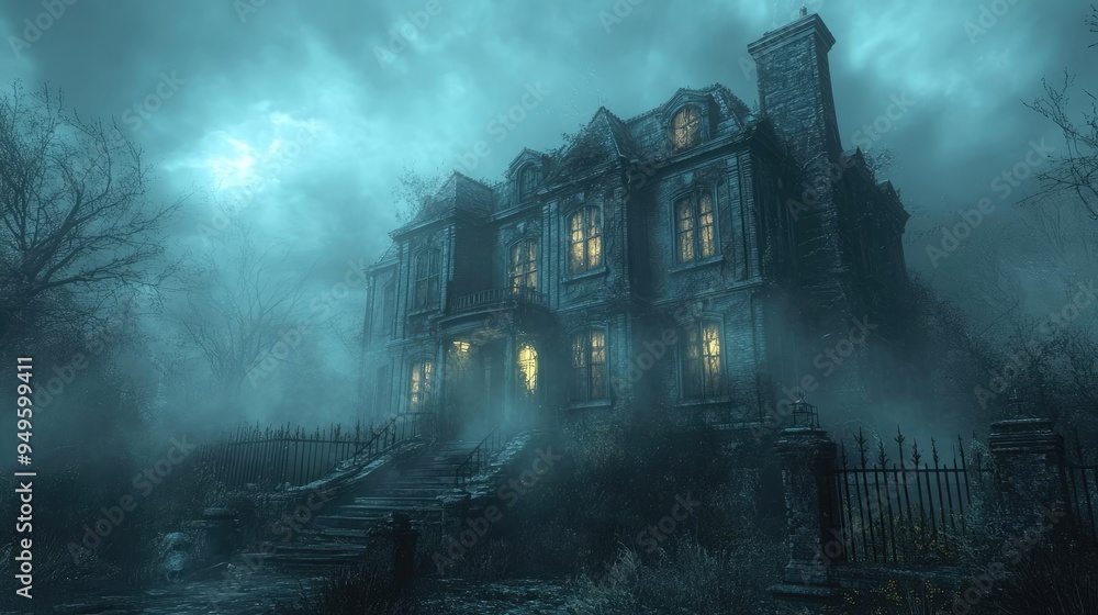 Haunted mansion exterior, cracked windows, eerie glow, and creeping fog ...