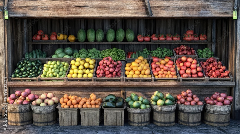 Realistic fruit and vegetable market stall, various produce textures ...