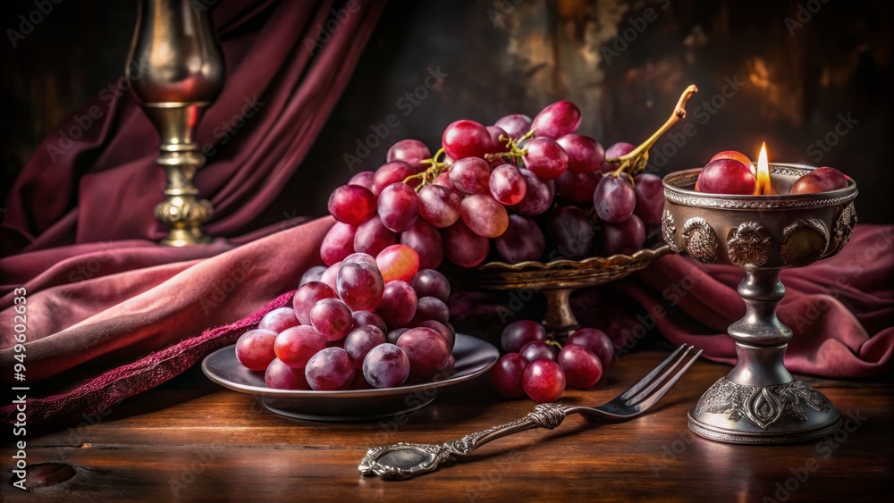Vintage-inspired still life with pale violet red grapes, velvet cloth ...