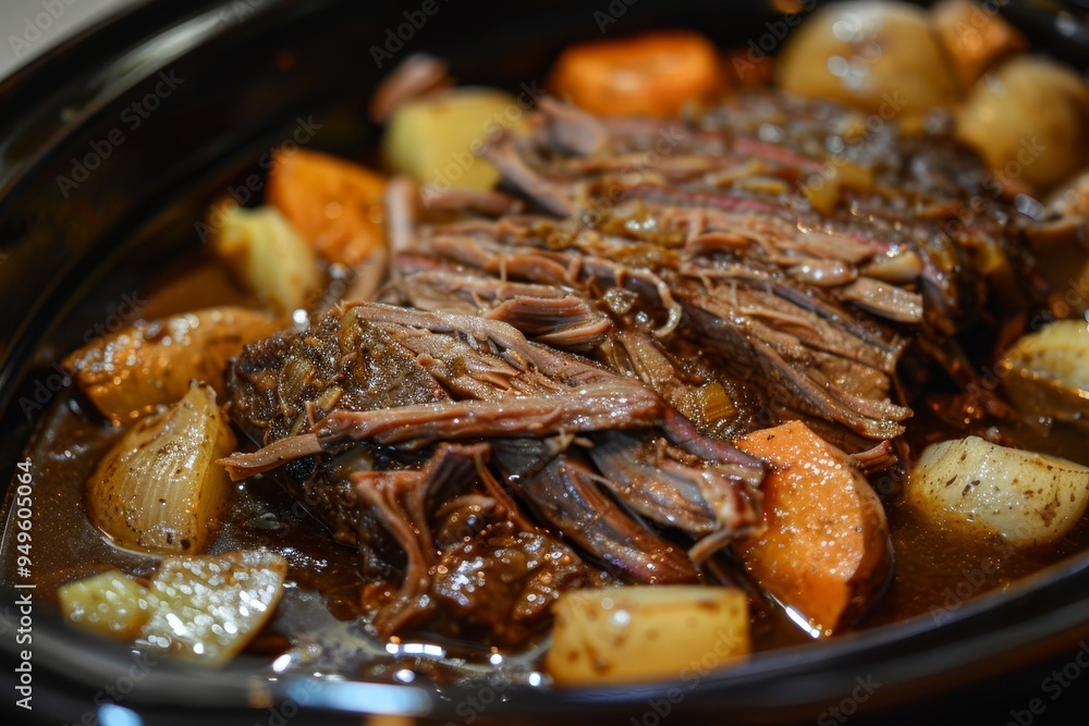 Succulent beef stew cooking in a crock pot, showcasing its rich colors ...