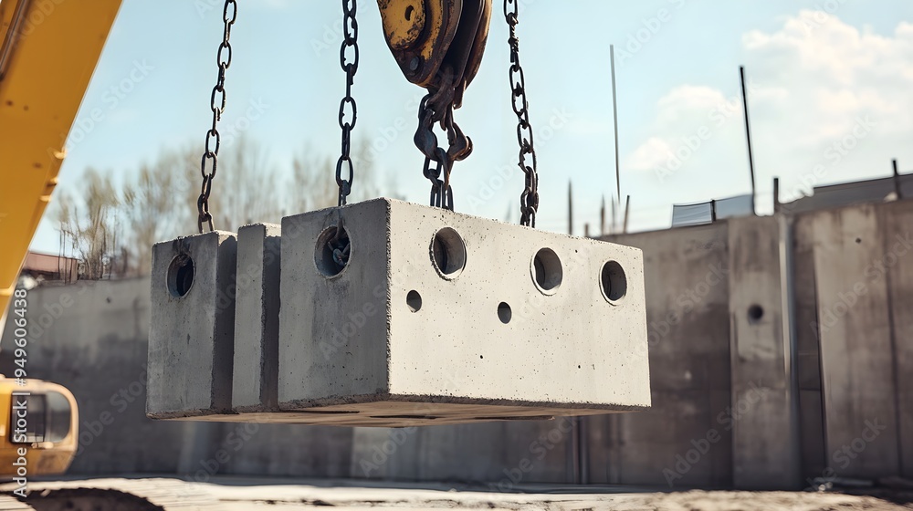 The crane moves a reinforced concrete product with holes, showing ...