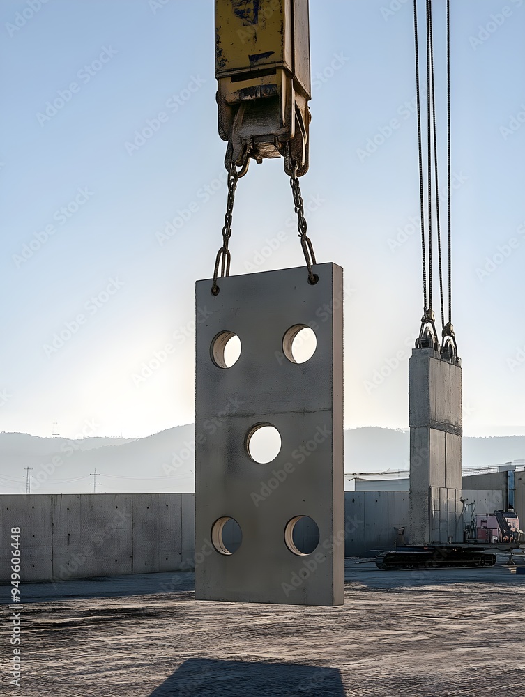 The crane moves a reinforced concrete product with holes, showing ...