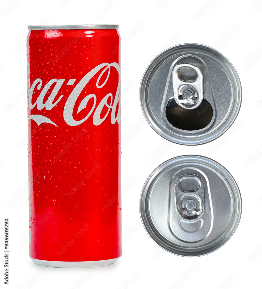 Red aluminium Coca Cola cylinder tin can for soda drink in front, top ...