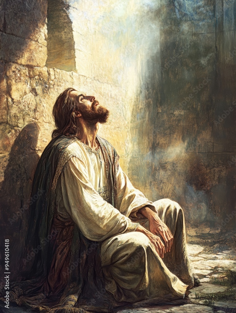 Jesus Christ sitting on the floor, leaning on a wall, looking up to the ...