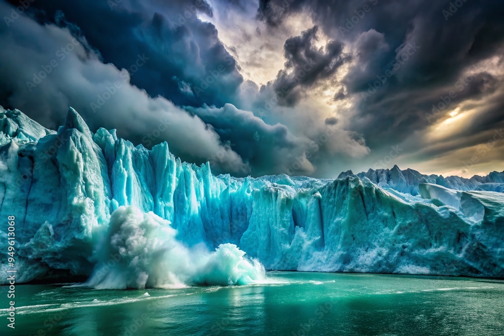 fierce glacier calving majestic fjord turbulent icy waters intense ...