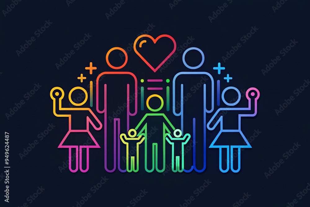 Bold family logo with thin line icon symbols in bright colors ...