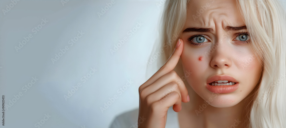 Scared woman with pimples on the face. Close up skin texture. Macro ...