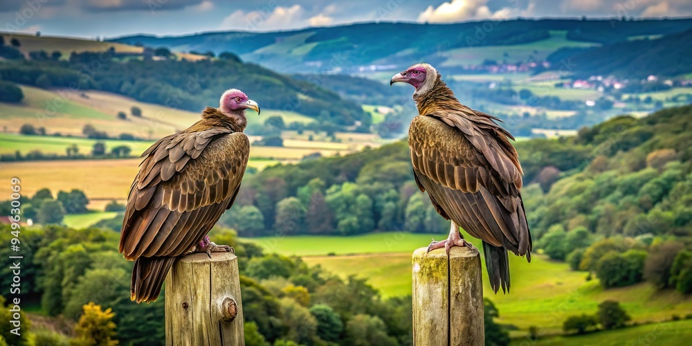 2. Two cinereous vultures perch on a weathered fence post, surveying ...