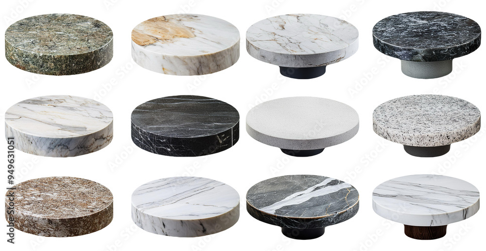 Collection of round stone tabletops isolated on transparent background ...