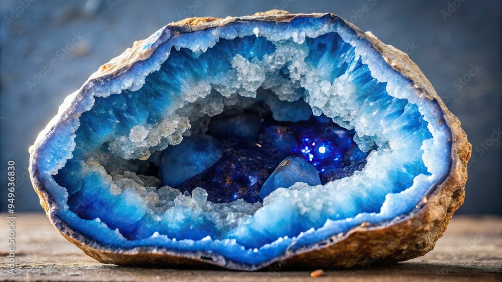 10. Blue sapphire geode cracked open, revealing a glittering, crystalline interior, resting on a ...