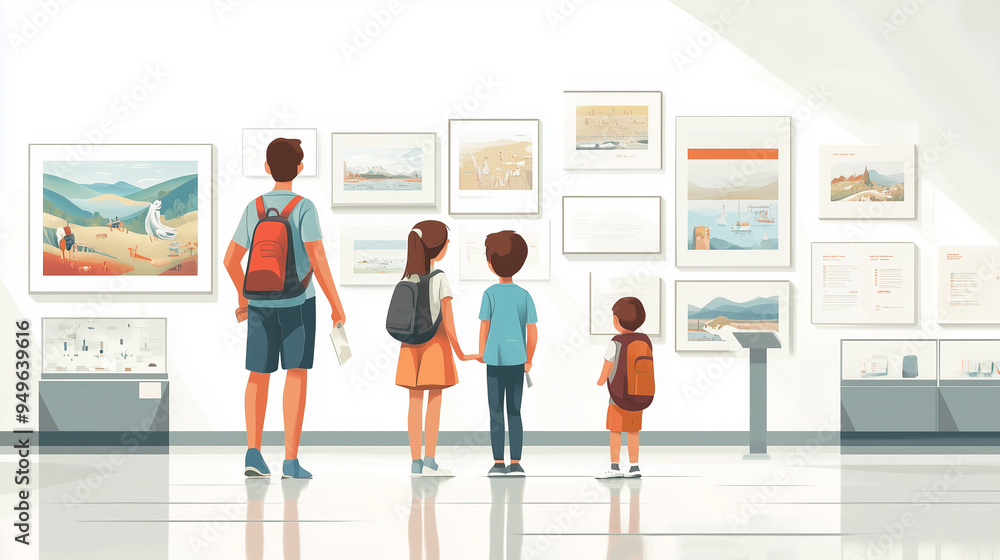 Family visiting a museum admiring artwork and cultural exhibits ...