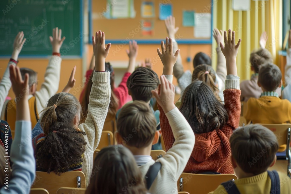 Back view of elementary students raising their hands on a class. Rear ...