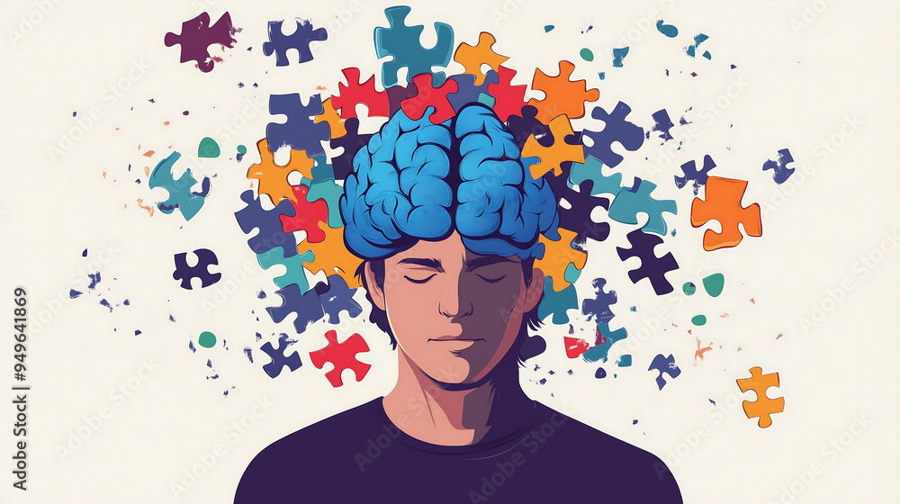 vector illustration of an adult man with his eyes closed, half the head ...