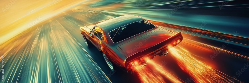 A classic red car speeds along a road with a sunset in the background ...