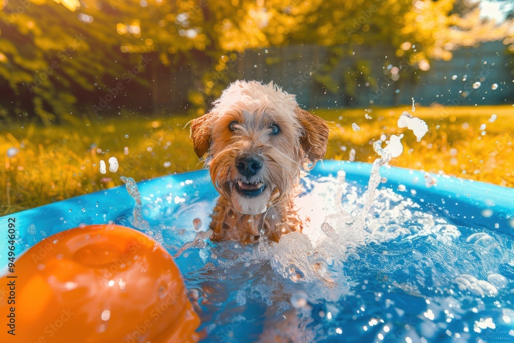Miniature golden doodle in small splash pool to beat the summer heat ...