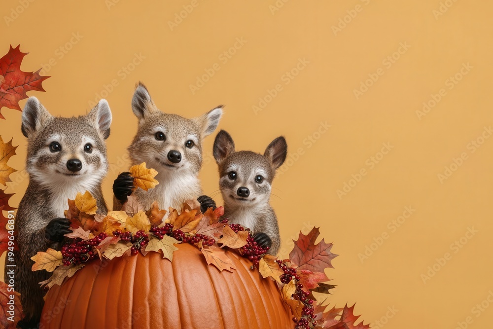 A group of forest animals decorating a giant pumpkin for Thanksgiving ...