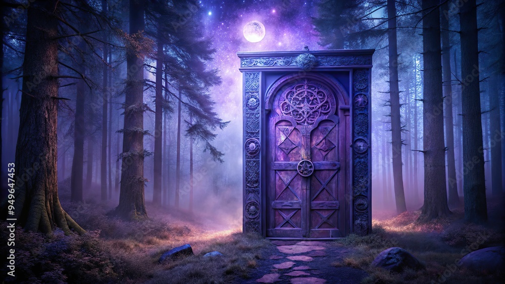10. A dark violet, mysterious, ancient door, adorned with intricate ...