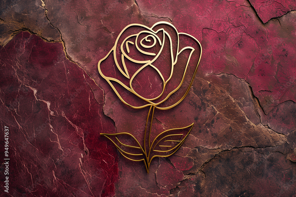 Golden line art holy rose symbol on red stone granite background. A ...