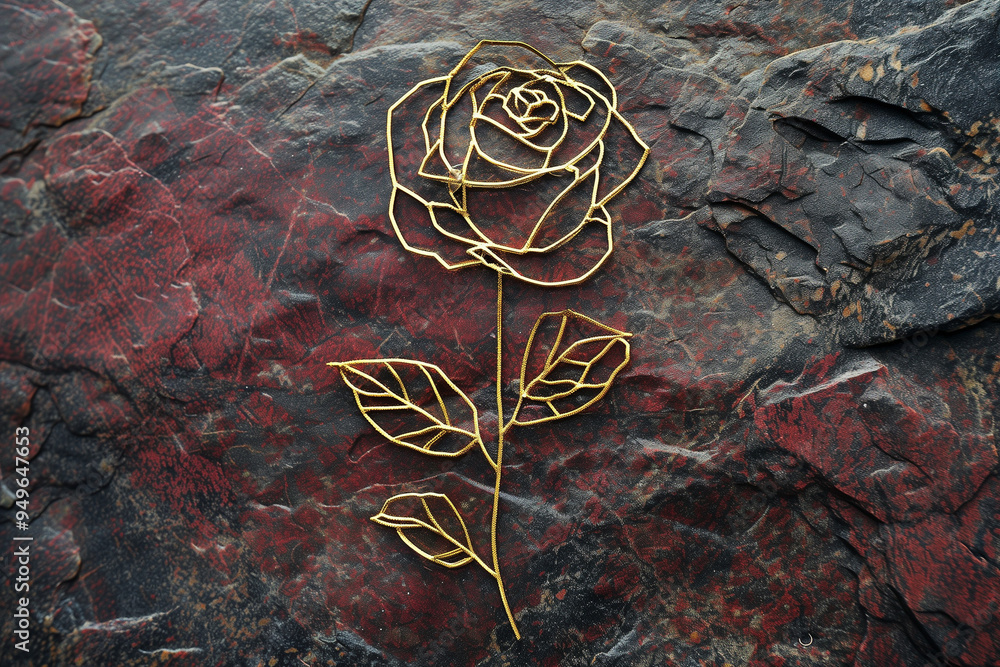 Golden line art holy rose symbol on red stone granite background. A ...