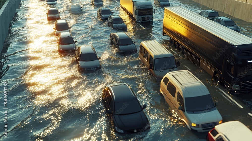 A flooded highway with cars stuck in a traffic jam as water rises. The ...
