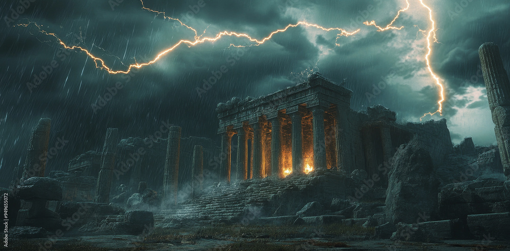 A majestic ancient temple, weathered and worn by time, stands amidst a ...